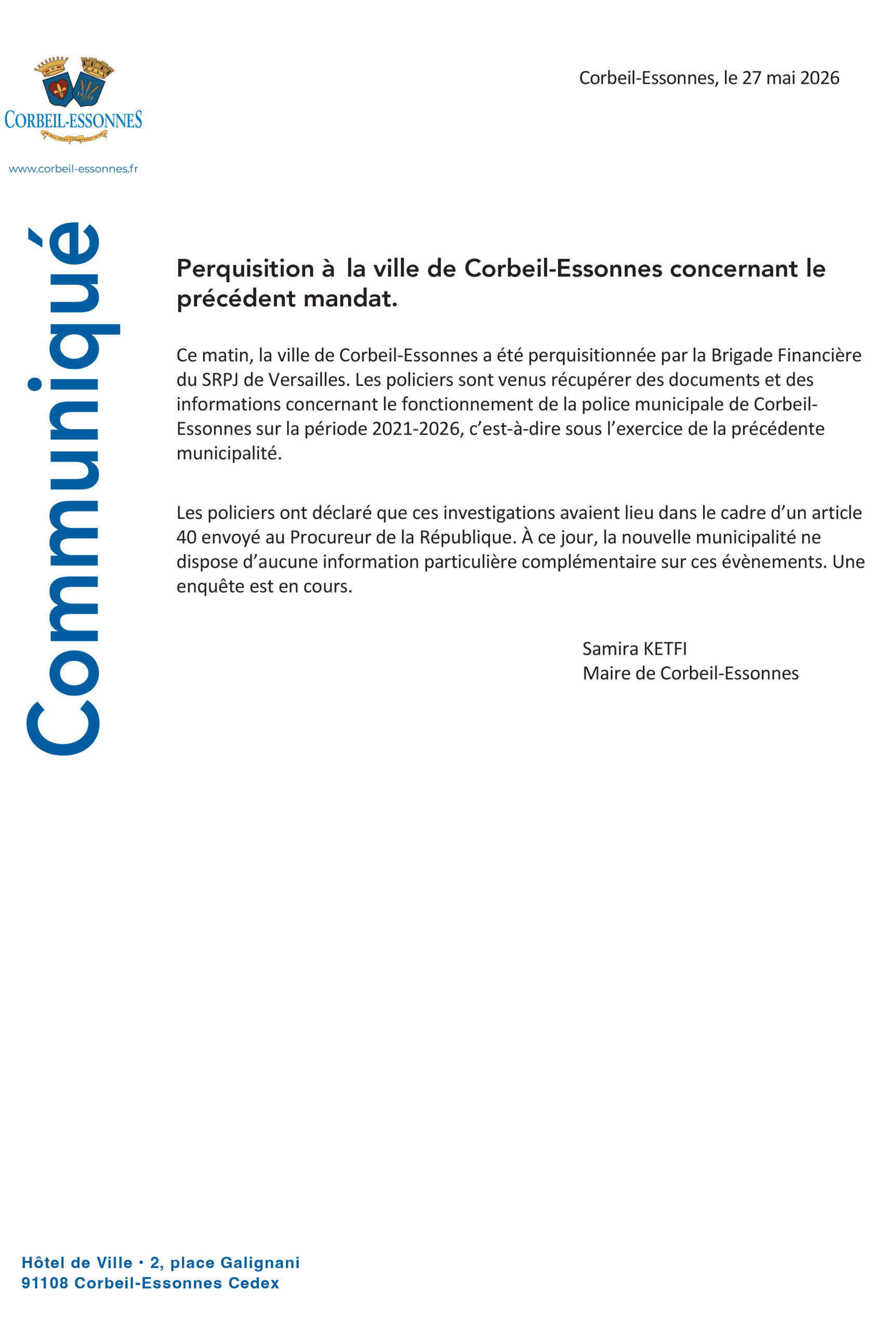 Communiqué de presse : Perquisition à la ville de Corbeil-Essonnes ...